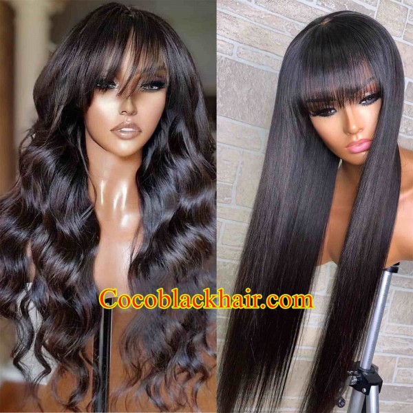 Angela 21-Silk straight bang wig loose wave bang wig 5x5 HD skin melt lace closure wig Brazilian ...